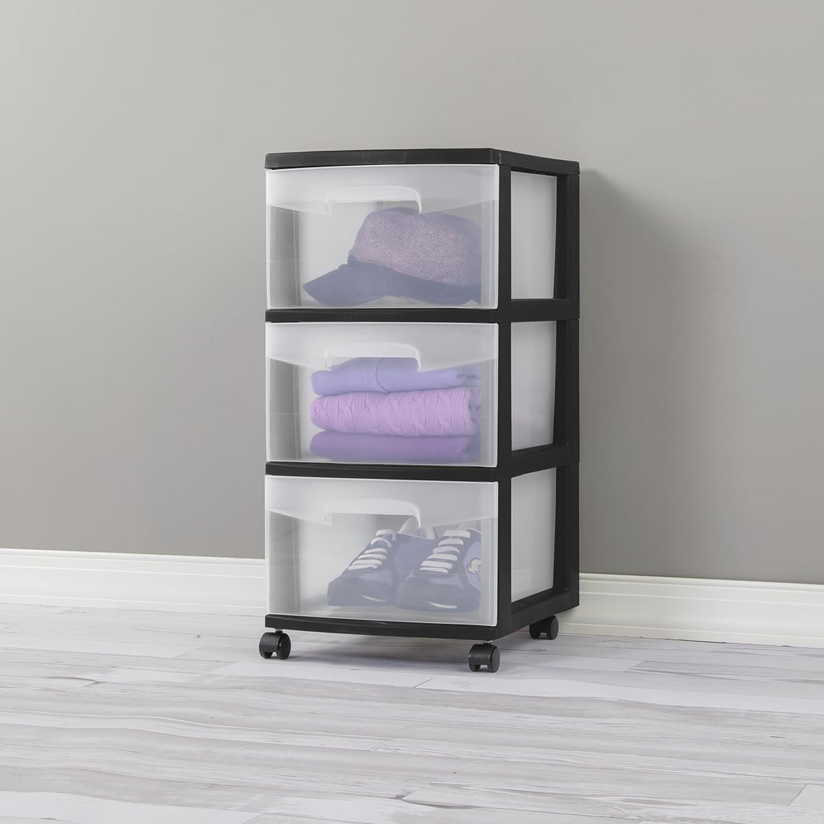 Plastic Drawer Storage Organizer 3 Drawer Plastic Cart Dorm Storage Shelves Containers With Drawer Unit w/Wheels for Art Supplies,Home,Closet,Bathroom,Office, Black with Clear Drawers, Adult