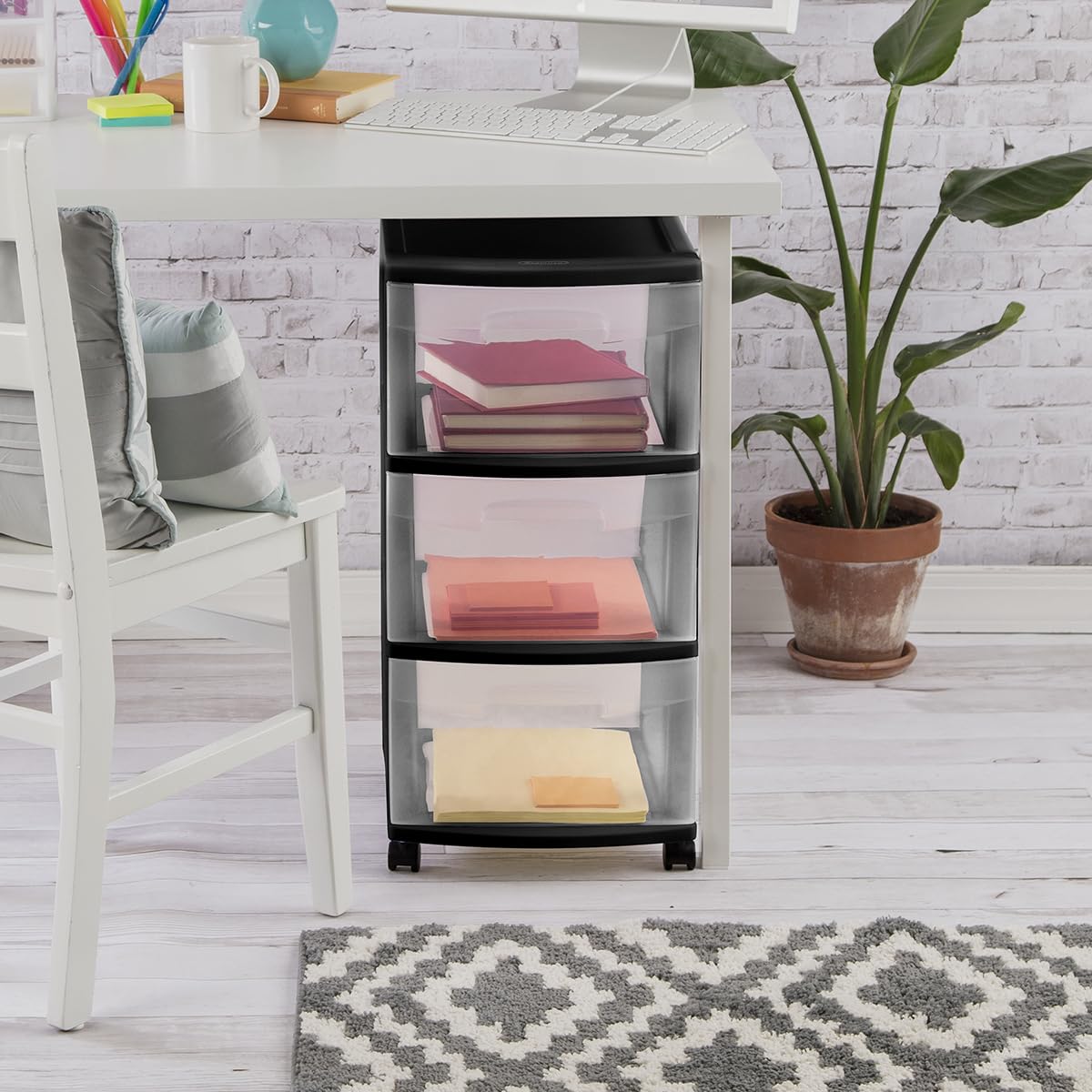 Plastic Drawer Storage Organizer 3 Drawer Plastic Cart Dorm Storage Shelves Containers With Drawer Unit w/Wheels for Art Supplies,Home,Closet,Bathroom,Office, Black with Clear Drawers, Adult