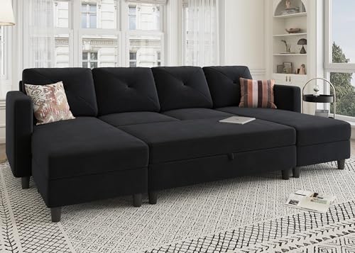 HONBAY Sleeper Sectional Sofa Set Velvet U Shaped Couch with Storage Ottoman 4-Seat Sectional Sofa Set for Living Room, Black