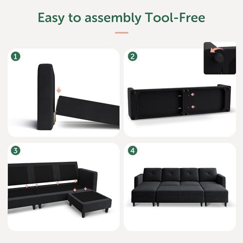 HONBAY Sleeper Sectional Sofa Set Velvet U Shaped Couch with Storage Ottoman 4-Seat Sectional Sofa Set for Living Room, Black