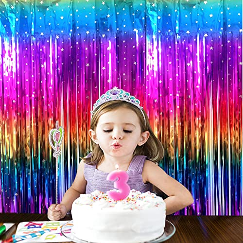 2 Pack Backdrop Curtain 3.3FT x 8.1FT Metallic Tinsel Foil Fringe Curtains Photo Booth Background for Birthday Party Baby Shower Wedding Engagement Bridal Decorations Sparkly Rainbow