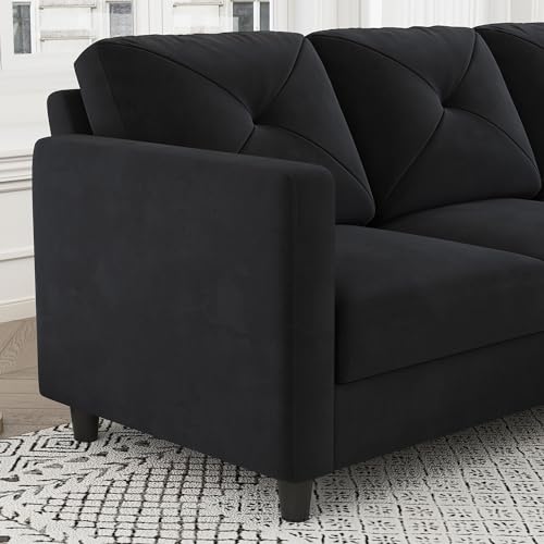 HONBAY Sleeper Sectional Sofa Set Velvet U Shaped Couch with Storage Ottoman 4-Seat Sectional Sofa Set for Living Room, Black