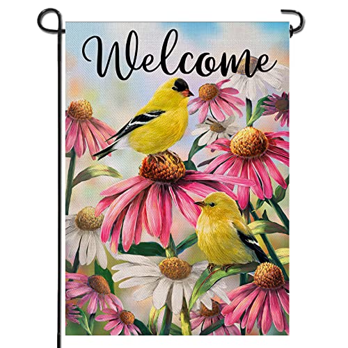 Artofy Welcome Summer American Goldfinch Birds Home Decorative Garden Flag, Yard Echinacea Daisy Flower Outside Decor, Spring Outdoor Small Burlap Decoration Double Sided 12x18