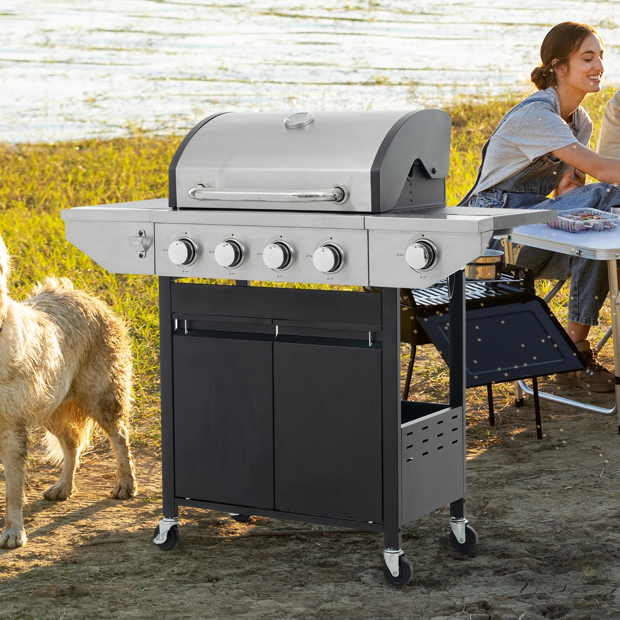 HESIEU Propane Grill 4 Burner Grill Stainless Steel Gas Grill with Side Burner and Thermometer One Touch Electronic Ignition System with Four Wheels for Outdoor BBQ, Camping