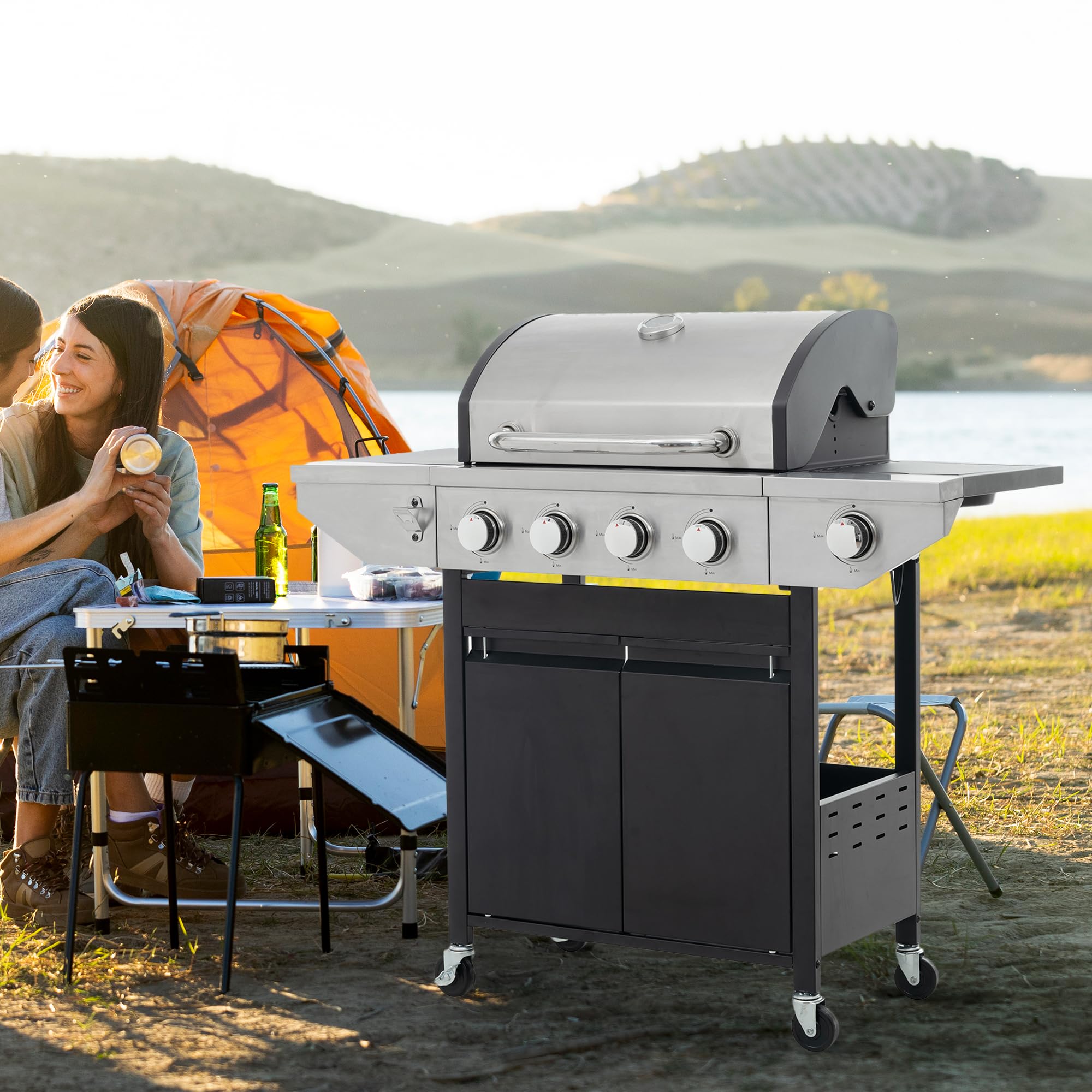 HESIEU Propane Grill 4 Burner Grill Stainless Steel Gas Grill with Side Burner and Thermometer One Touch Electronic Ignition System with Four Wheels for Outdoor BBQ, Camping