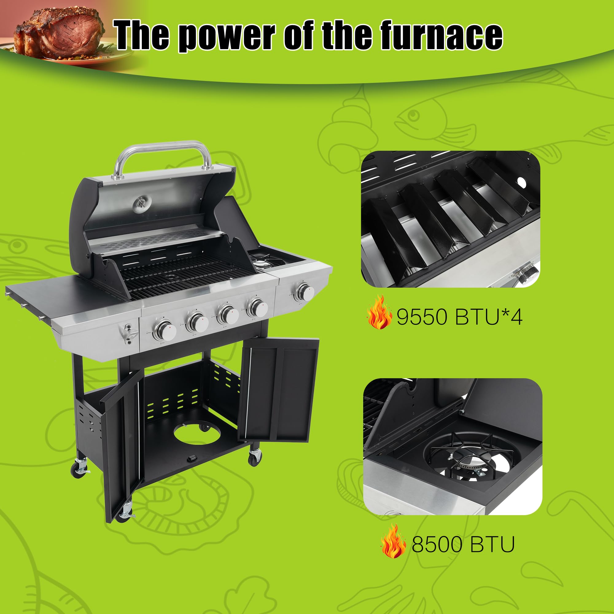 HESIEU Propane Grill 4 Burner Grill Stainless Steel Gas Grill with Side Burner and Thermometer One Touch Electronic Ignition System with Four Wheels for Outdoor BBQ, Camping