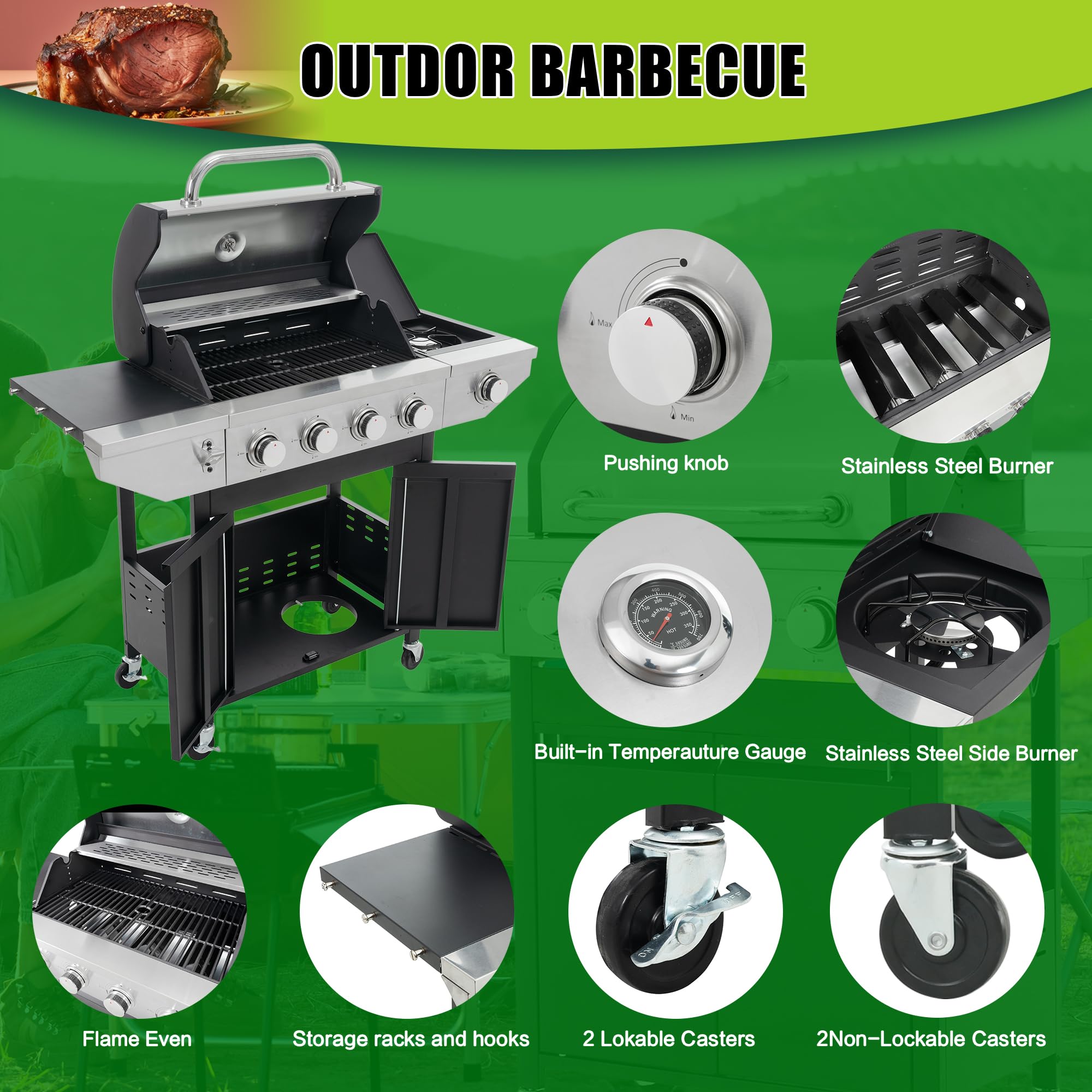 HESIEU Propane Grill 4 Burner Grill Stainless Steel Gas Grill with Side Burner and Thermometer One Touch Electronic Ignition System with Four Wheels for Outdoor BBQ, Camping