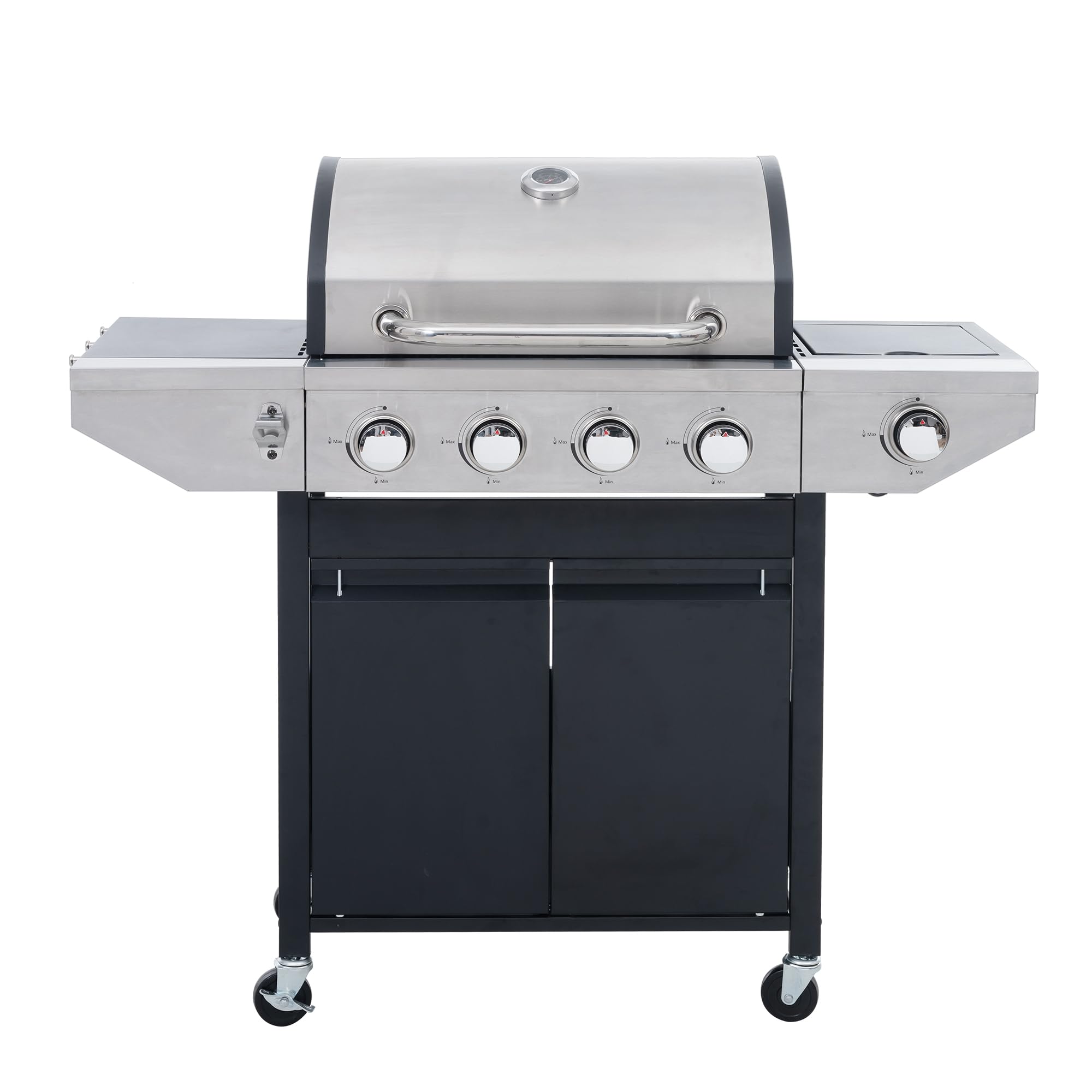 HESIEU Propane Grill 4 Burner Grill Stainless Steel Gas Grill with Side Burner and Thermometer One Touch Electronic Ignition System with Four Wheels for Outdoor BBQ, Camping
