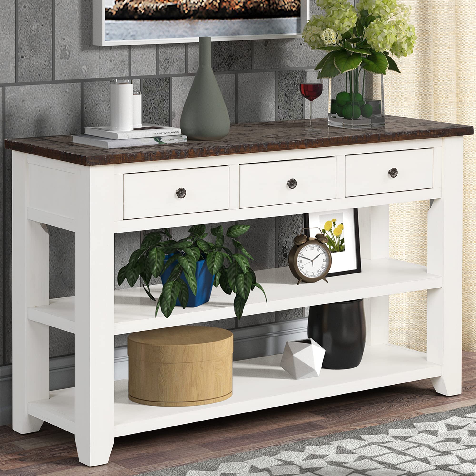 KLIECH Sofa 48''Solid Pine Wood Console, Modern SofaTable, Table with 3 Storage Drawers and 2 Shelves for Living Room Entryway Hallway Bedroom,Antique White+ Brown Top