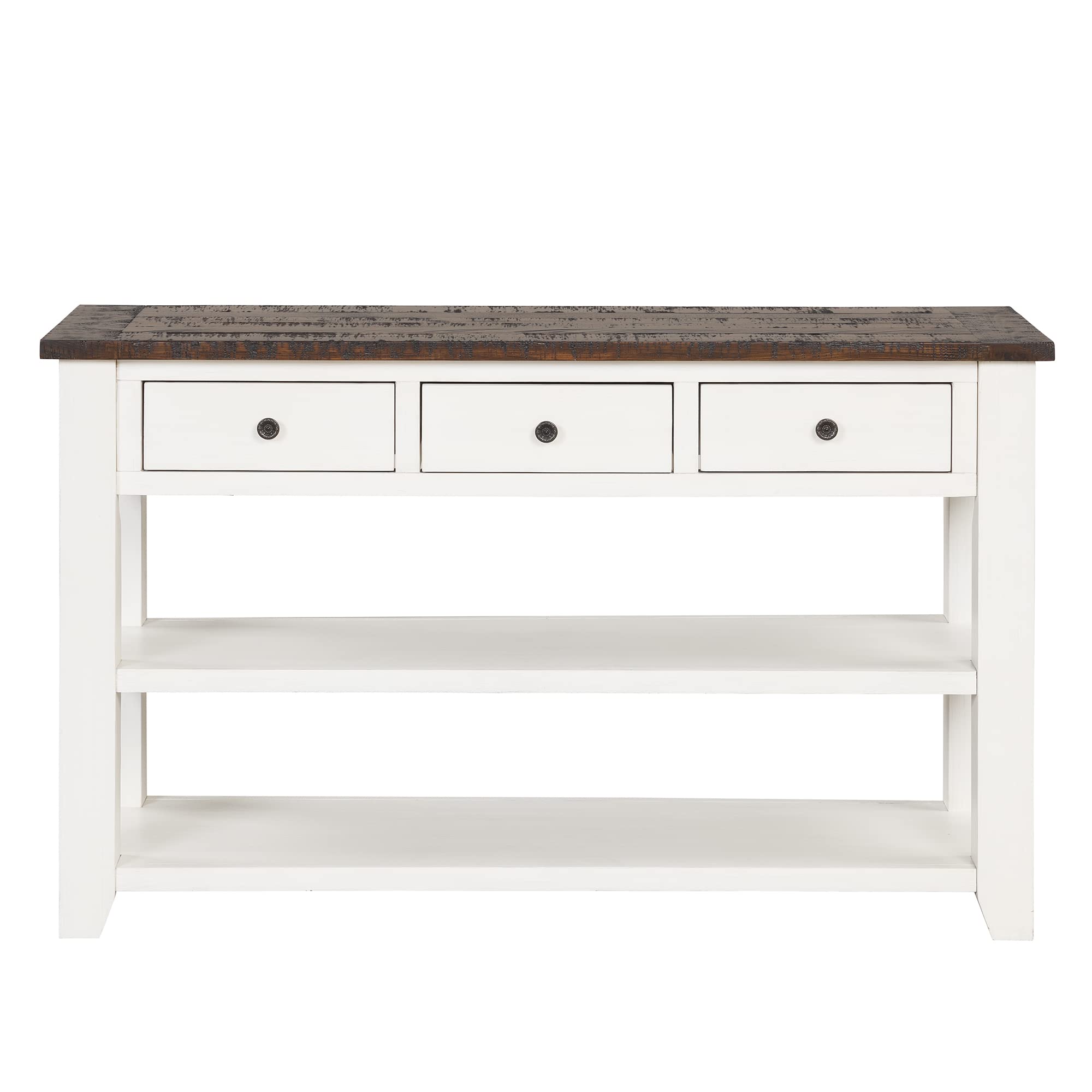 KLIECH Sofa 48''Solid Pine Wood Console, Modern SofaTable, Table with 3 Storage Drawers and 2 Shelves for Living Room Entryway Hallway Bedroom,Antique White+ Brown Top