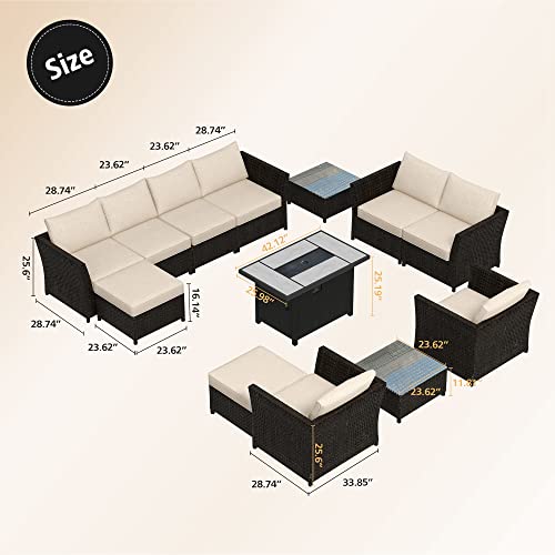 XIZZI Patio Furniture Set Outdoor Sectional Sofa with 42" 50000BTU Gas Propane Fire Pit Table 13 Pieces PE Wicker Rattan Patio Conversation Sets with 4 Pillows and Furniture Covers,Fire Pit/Beige