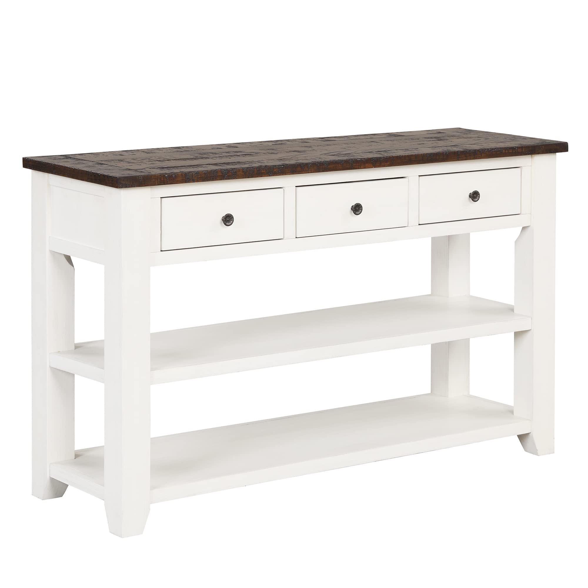 KLIECH Sofa 48''Solid Pine Wood Console, Modern SofaTable, Table with 3 Storage Drawers and 2 Shelves for Living Room Entryway Hallway Bedroom,Antique White+ Brown Top