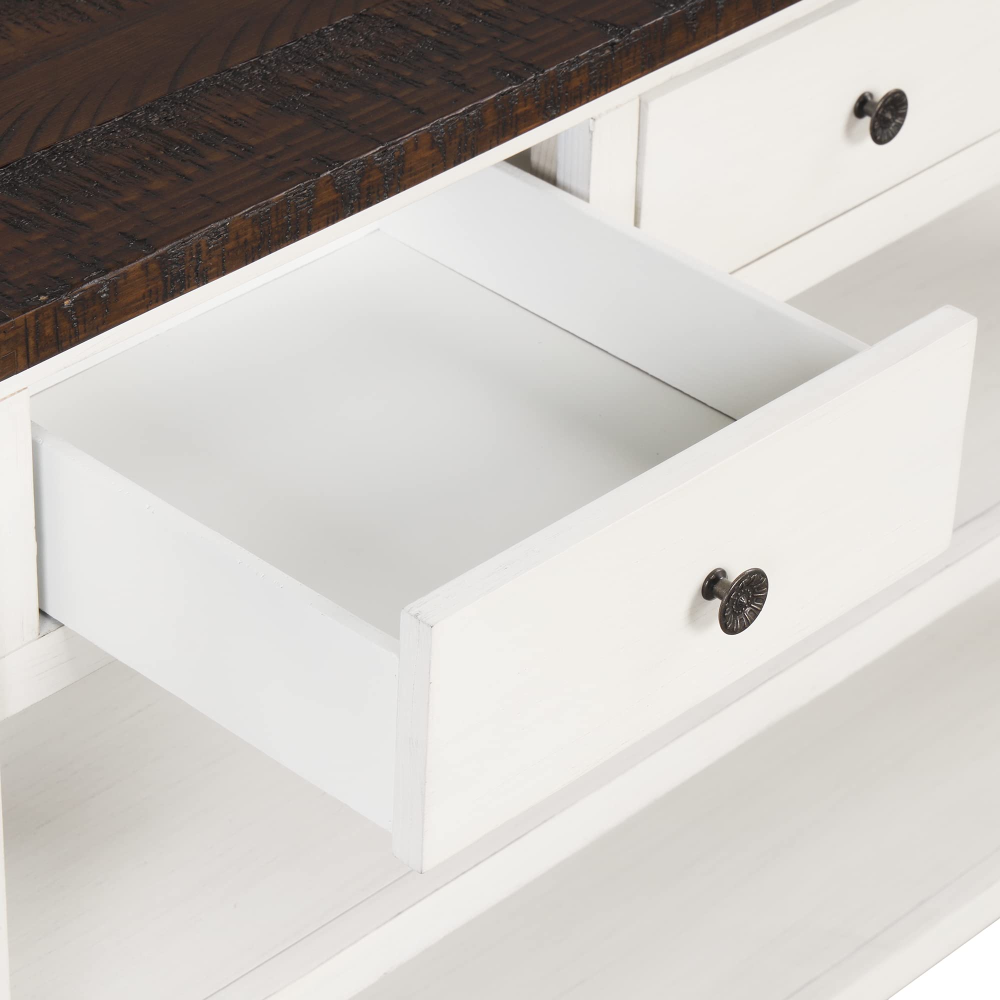 KLIECH Sofa 48''Solid Pine Wood Console, Modern SofaTable, Table with 3 Storage Drawers and 2 Shelves for Living Room Entryway Hallway Bedroom,Antique White+ Brown Top