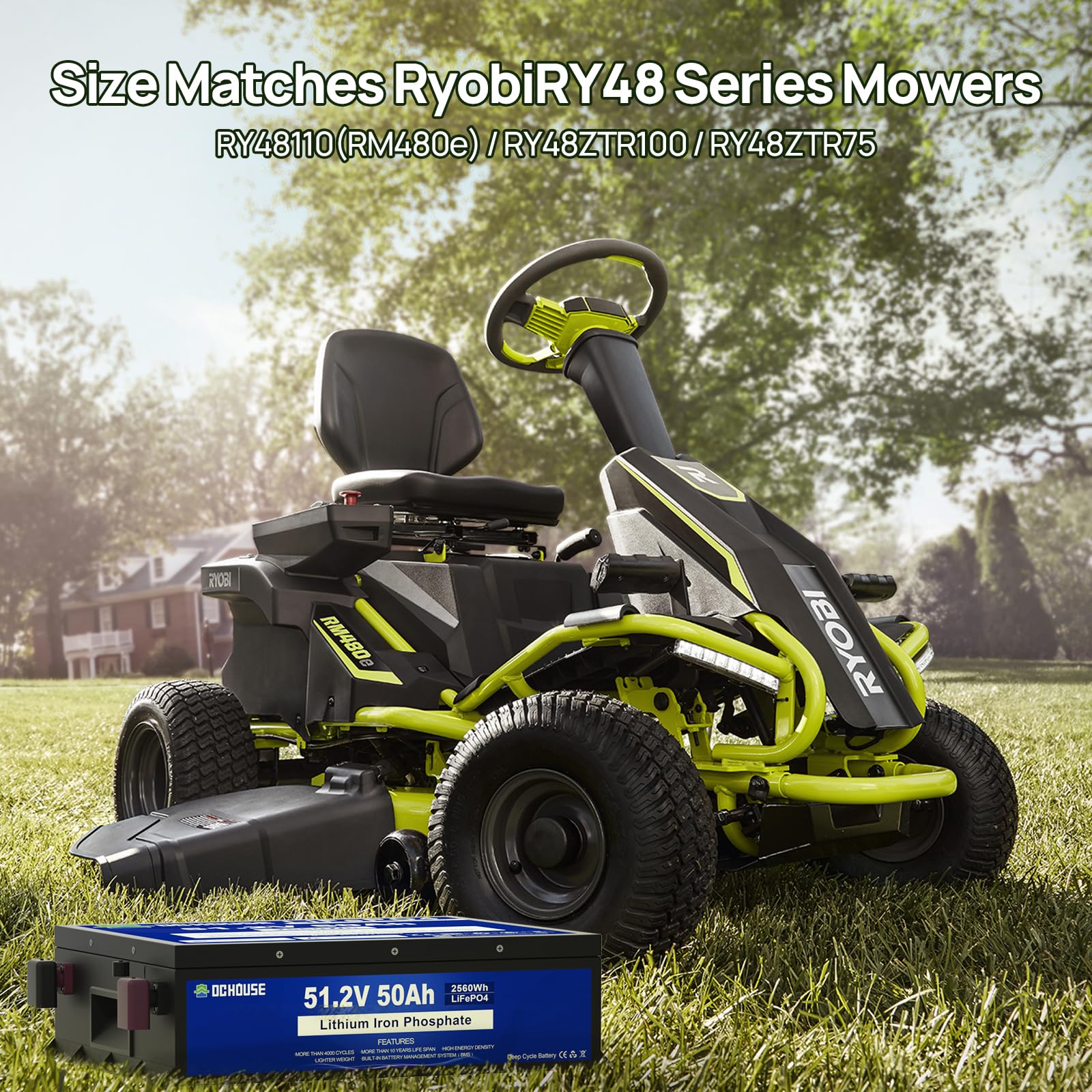DC HOUSE 48V 50Ah LiFePO4 Golf Cart Battery, Built-in 100A BMS-2C,Suitable for Both Club car, Yamaha Golf carts, Lithium Battery Perfectly for Ryobi Mowers, Trolling Motor, Off-Grid Solar System