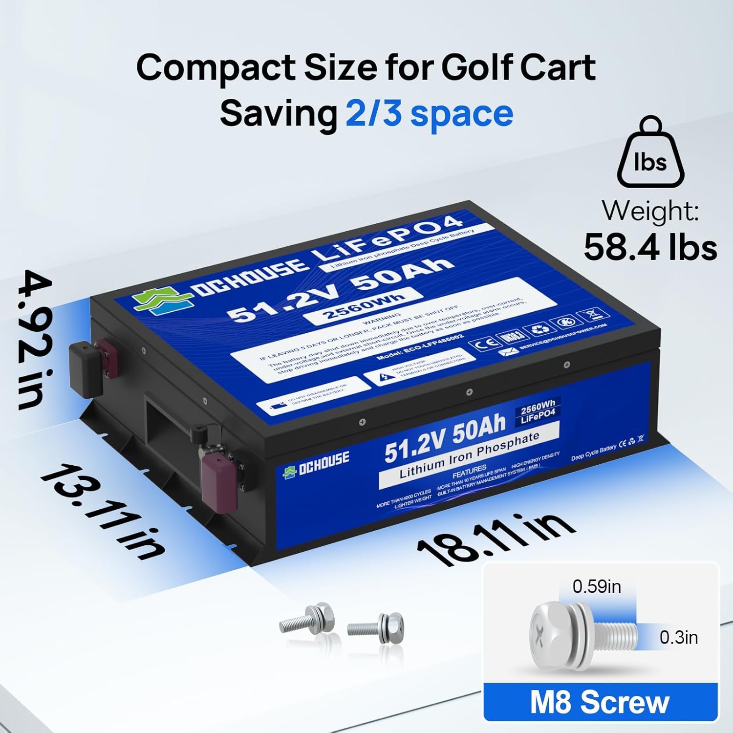 DC HOUSE 48V 50Ah LiFePO4 Golf Cart Battery, Built-in 100A BMS-2C,Suitable for Both Club car, Yamaha Golf carts, Lithium Battery Perfectly for Ryobi Mowers, Trolling Motor, Off-Grid Solar System