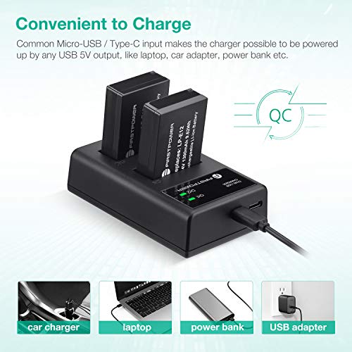 FirstPower 2-Pack LP-E12 Batteries and USB Dual Battery Charger Compatible with Canon EOS M, M2, M10, M50, M50 Mark II, M100, M200, Rebel SL1, PowerShot SX70 HS Digital Cameras