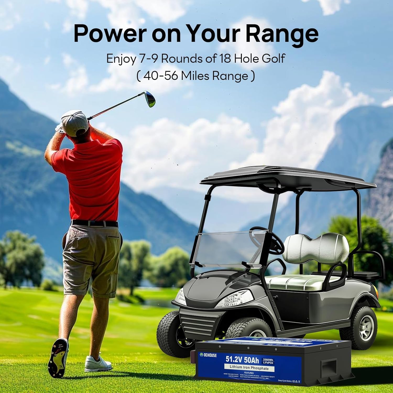 DC HOUSE 48V 50Ah LiFePO4 Golf Cart Battery, Built-in 100A BMS-2C,Suitable for Both Club car, Yamaha Golf carts, Lithium Battery Perfectly for Ryobi Mowers, Trolling Motor, Off-Grid Solar System