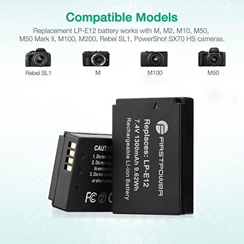 FirstPower 2-Pack LP-E12 Batteries and USB Dual Battery Charger Compatible with Canon EOS M, M2, M10, M50, M50 Mark II, M100, M200, Rebel SL1, PowerShot SX70 HS Digital Cameras
