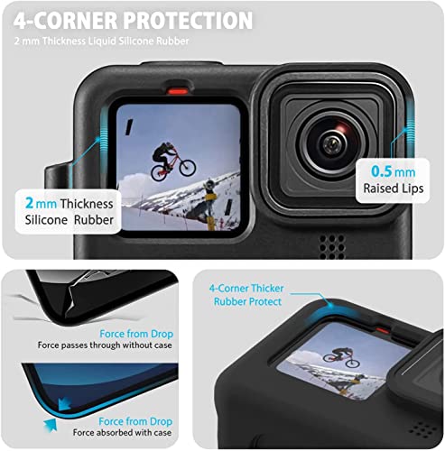 FitStill Silicone Sleeve Case for Go Pro Hero 11 /Hero 10 /Hero 9 Black, Battery Side Cover & Screen Protectors & Lens Caps & Lanyard for Go Pro Hero 11 /10 / 9 Accessories Kit