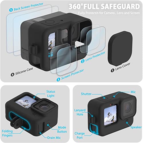 FitStill Silicone Sleeve Case for Go Pro Hero 11 /Hero 10 /Hero 9 Black, Battery Side Cover & Screen Protectors & Lens Caps & Lanyard for Go Pro Hero 11 /10 / 9 Accessories Kit