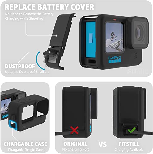 FitStill Silicone Sleeve Case for Go Pro Hero 11 /Hero 10 /Hero 9 Black, Battery Side Cover & Screen Protectors & Lens Caps & Lanyard for Go Pro Hero 11 /10 / 9 Accessories Kit