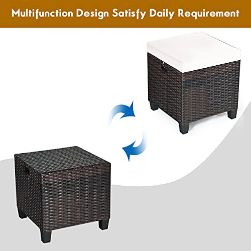 RELAX4LIFE 2-Piece Patio Ottoman Set - Wicker Footstools, All Weather PE Rattan Ottoman with Removable Cushions, Square Footrest Seat, Outdoor Stools for Garden, Porch, Pouf Ottoman (Cream)