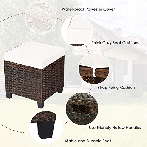 RELAX4LIFE 2-Piece Patio Ottoman Set - Wicker Footstools, All Weather PE Rattan Ottoman with Removable Cushions, Square Footrest Seat, Outdoor Stools for Garden, Porch, Pouf Ottoman (Cream)