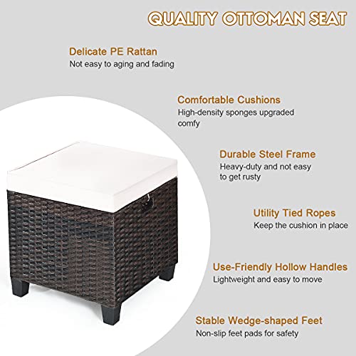 RELAX4LIFE 2-Piece Patio Ottoman Set - Wicker Footstools, All Weather PE Rattan Ottoman with Removable Cushions, Square Footrest Seat, Outdoor Stools for Garden, Porch, Pouf Ottoman (Cream)