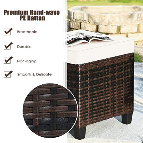 RELAX4LIFE 2-Piece Patio Ottoman Set - Wicker Footstools, All Weather PE Rattan Ottoman with Removable Cushions, Square Footrest Seat, Outdoor Stools for Garden, Porch, Pouf Ottoman (Cream)