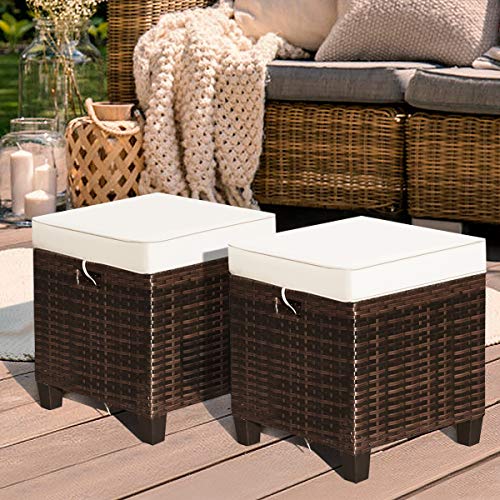 RELAX4LIFE 2-Piece Patio Ottoman Set - Wicker Footstools, All Weather PE Rattan Ottoman with Removable Cushions, Square Footrest Seat, Outdoor Stools for Garden, Porch, Pouf Ottoman (Cream)