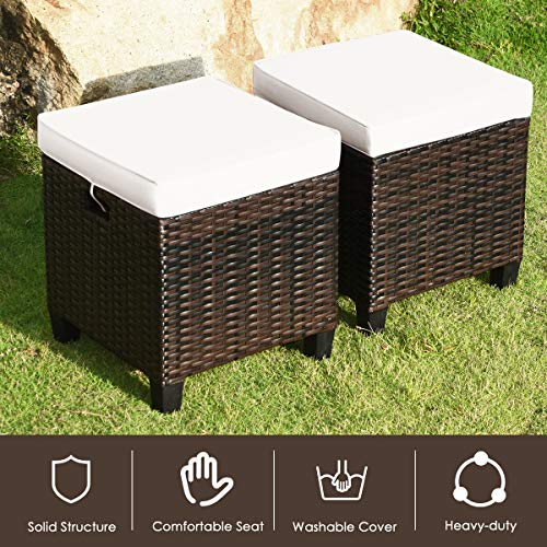 RELAX4LIFE 2-Piece Patio Ottoman Set - Wicker Footstools, All Weather PE Rattan Ottoman with Removable Cushions, Square Footrest Seat, Outdoor Stools for Garden, Porch, Pouf Ottoman (Cream)
