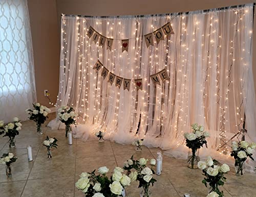 White Tulle Backdrop Curtain with Lights String for Parites 10×8ft Sheer Backdrop Curtains White Curtain Backdrop for Wedding Baby Shower Birthday Party Photo Shoot Decorations(2 Panels 10ft×8ft)