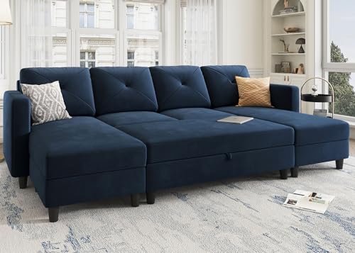HONBAY Sleeper Sectional Sofa Set Velvet U Shaped Couch with Storage Ottoman 4-Seat Sectional Sofa Set for Living Room, Dark Blue