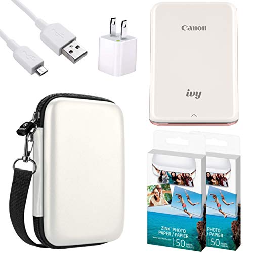 Canon IVY Mobile Instant Mini Photo Pocket Printer through Bluetooth, Portable, Rose Gold, Includes 2x3ā Zink Photo Paper Sticker (100 Sheets), Protective case and USB Charging Cable with Wall Adapter