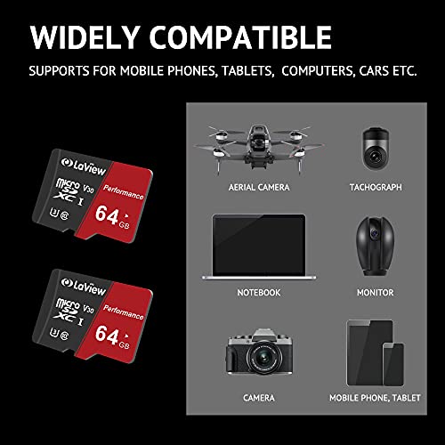 LaView 64GB Micro SD Card 2 Pack, Micro SDXC UHS-I Memory Card – 95MB/s,633X,U3,C10, Full HD Video V30, A1, FAT32, High Speed Flash TF Card P500 for Computer with Adapter/Phone/Tablet/PC