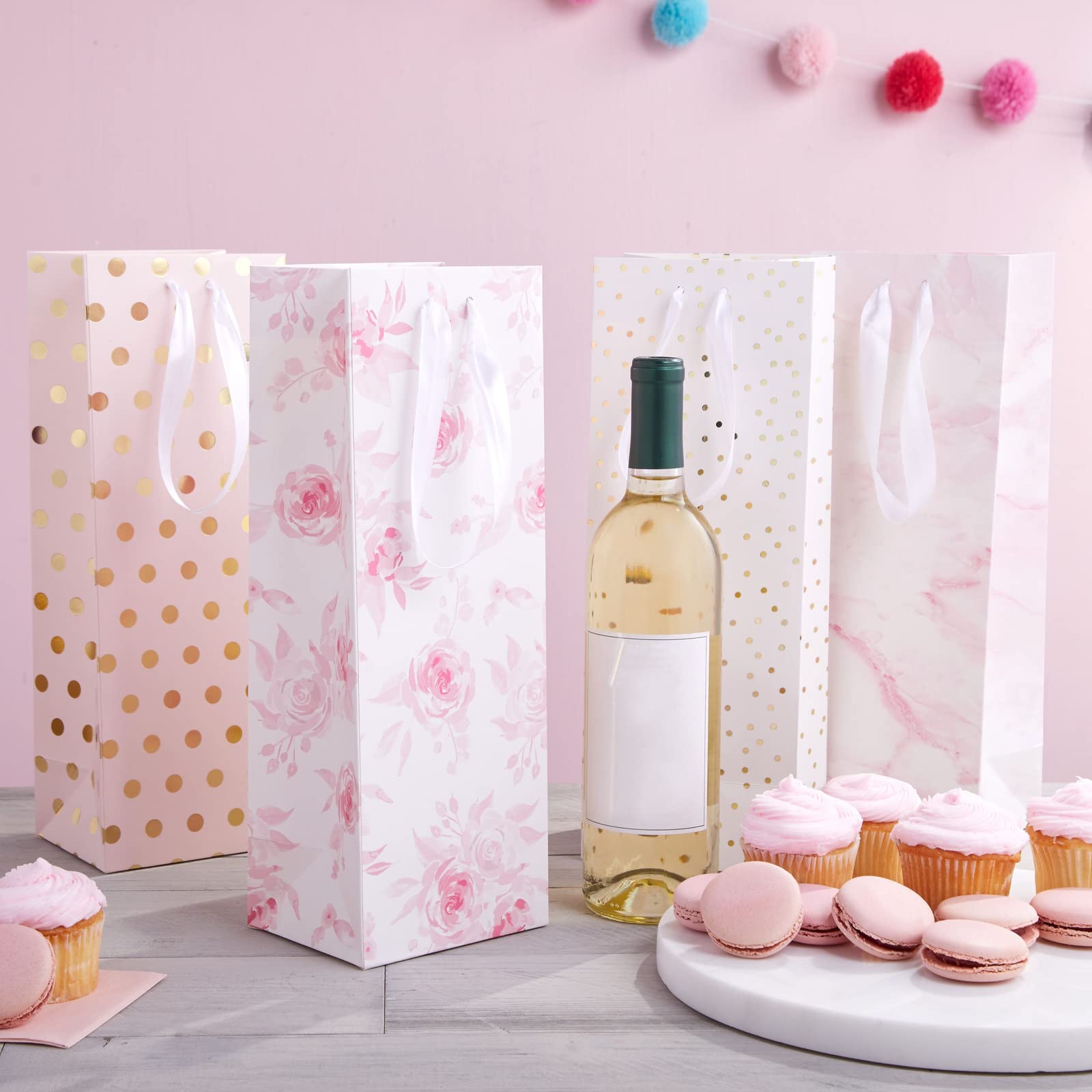 Champagne Wine Bottle Gift Bags for Bridal Shower and Weddings, 4 Designs (12 Pack)