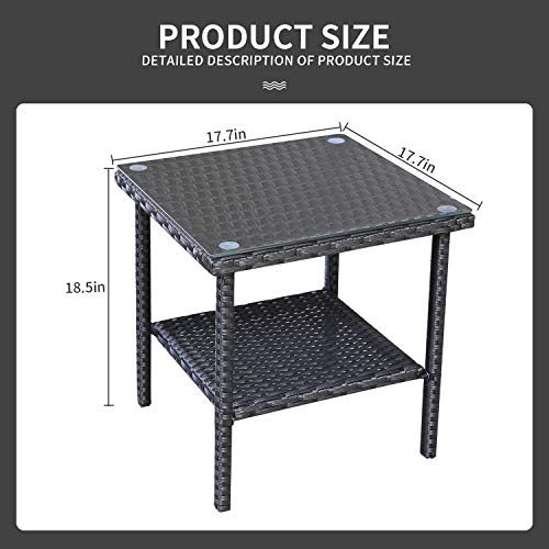 Outdoor PE Wicker Side Table - Patio Rattan Garden Coffee End Square Table with Glass Top Furniture, Black