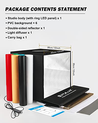PULUZ Light Box Photography, 12"x12" Professional Dimmable Shooting Tent Kit with CRI >95 White Lighting 112 LEDs Lights + 6 Photo Backdrops for Product Display (Black)