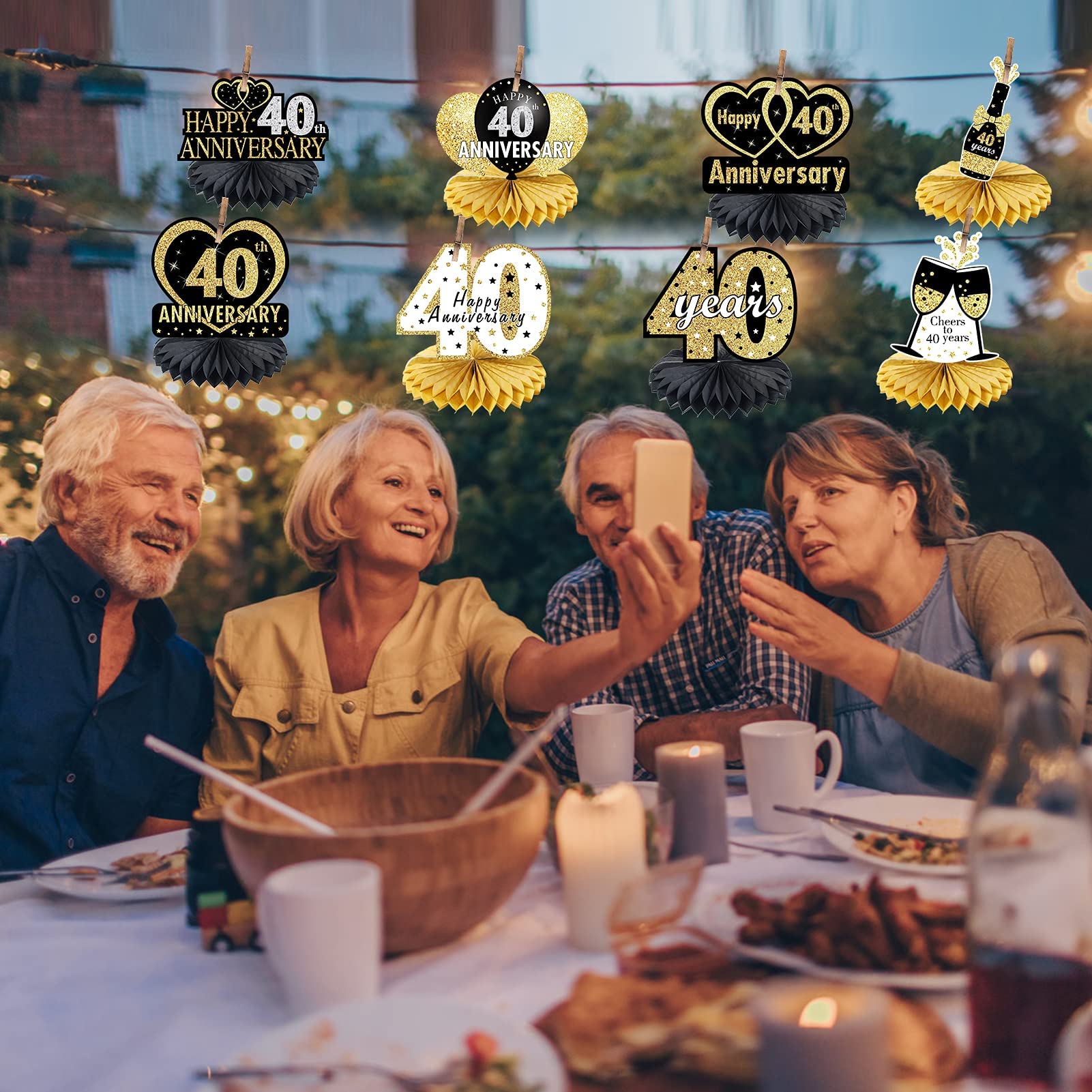 Happy 40th Anniversary Decorations Table Honeycomb Centerpiece, 8pcs 40 Wedding Anniversary Table Sign for Party, 40 Year Anniversary Party Supplies Table Topper Decor