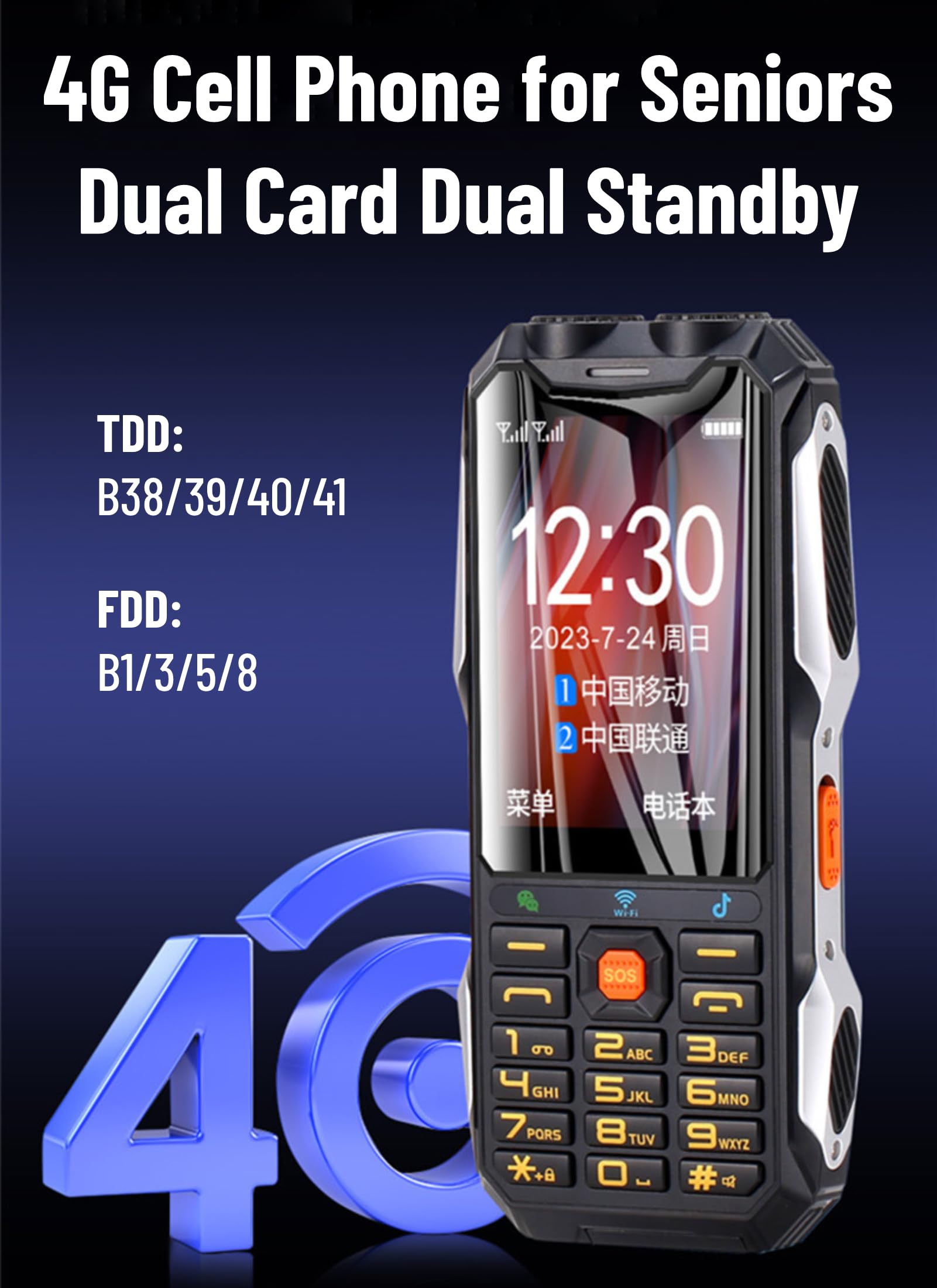Rugged Senior Cellphone, 4G Large Mobile Phone for Elderly, 4in, 18000mAh Battery, Sound Quick Dial Phone for Android 7.0, Dual LED Lights (Black)