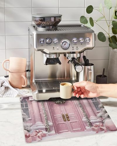 Coffee Mat for Counter, Christmas Pink Castle Gate Xmas Wreath Absorbent Hide Stain Coffee Bar Mat, Non-slip Coffee Bar Accessories Kitchen Drying Mat Fit Under Coffee Maker Espresso Machine