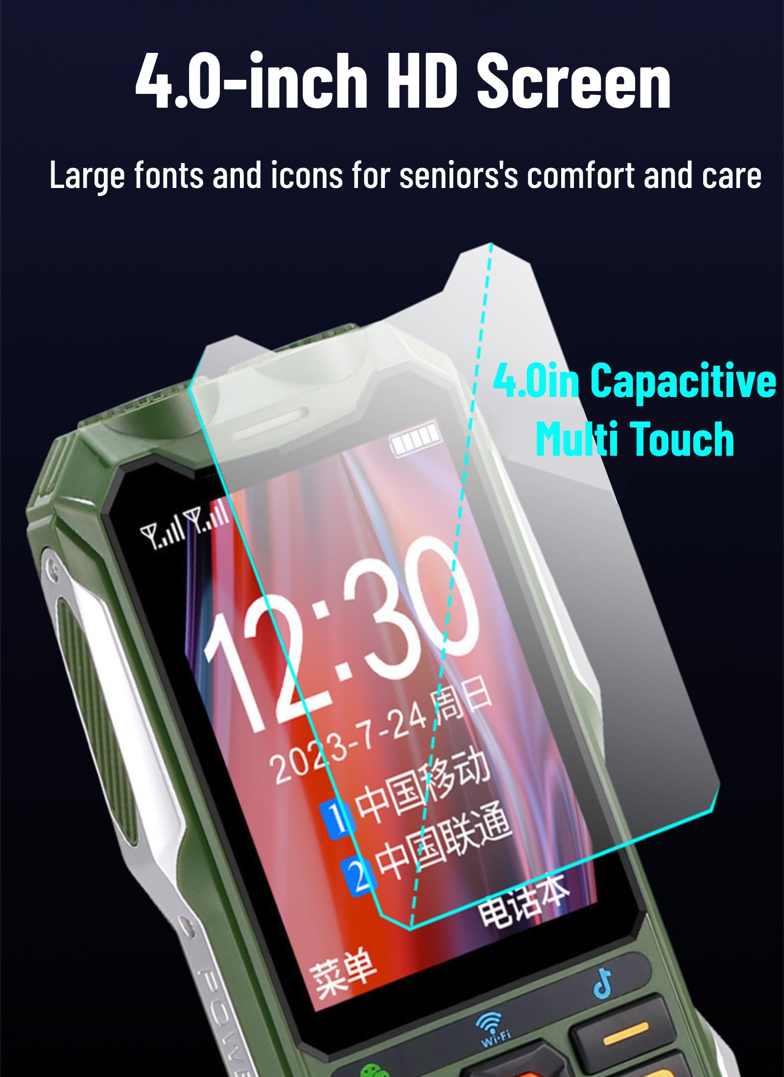 Rugged Senior Cellphone, 4G Large Mobile Phone for Elderly, 4in, 18000mAh Battery, Sound Quick Dial Phone for Android 7.0, Dual LED Lights (Black)
