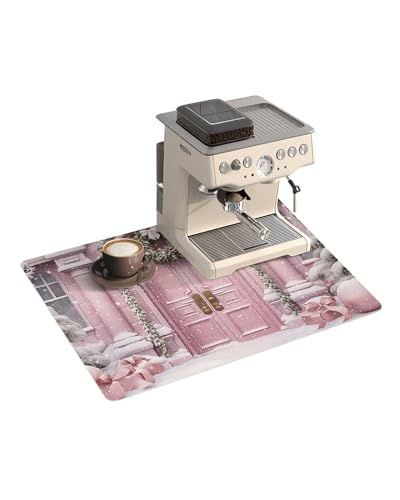 Coffee Mat for Counter, Christmas Pink Castle Gate Xmas Wreath Absorbent Hide Stain Coffee Bar Mat, Non-slip Coffee Bar Accessories Kitchen Drying Mat Fit Under Coffee Maker Espresso Machine
