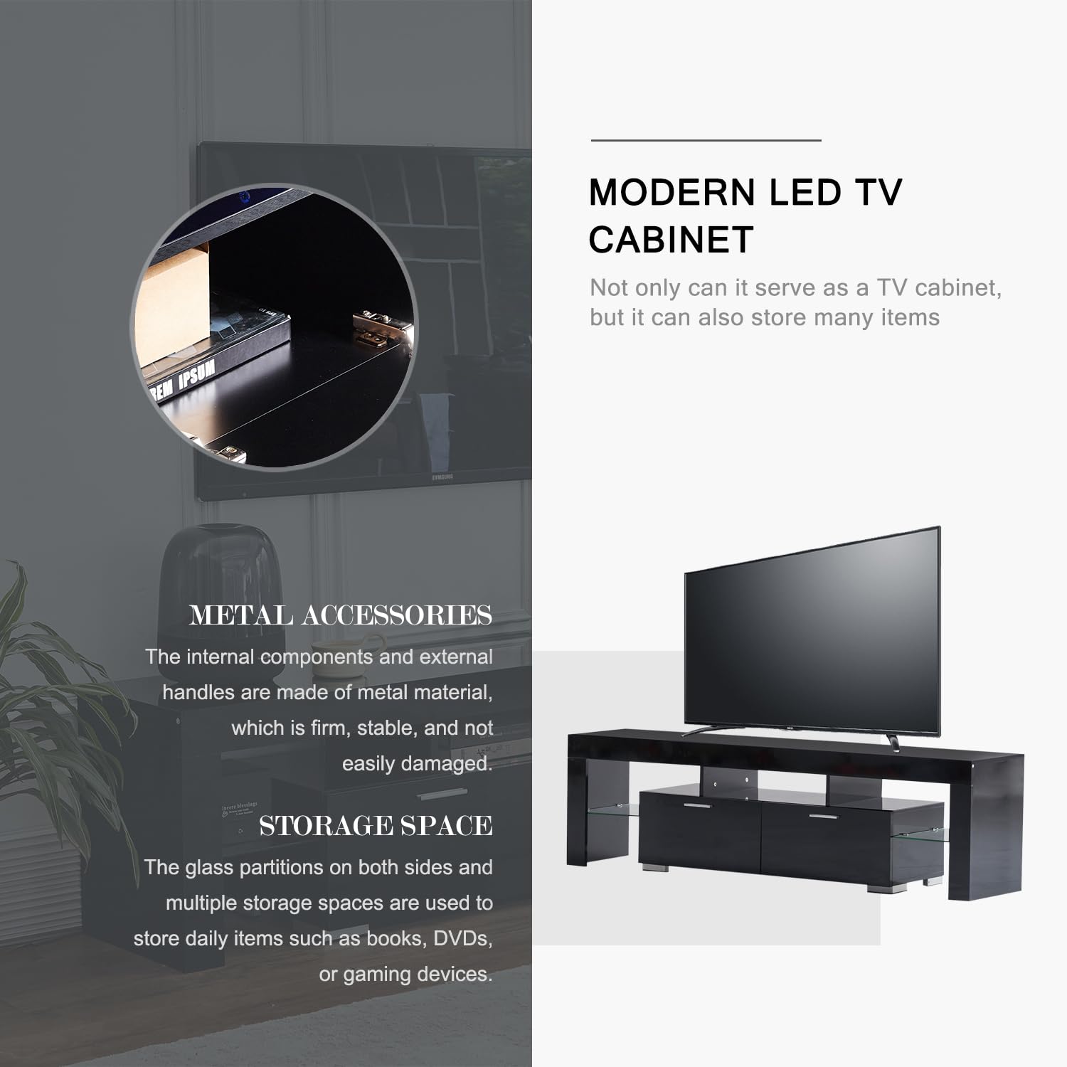 Ugijei Black LED TV Stand for 75 Inch TV, Modern Media Console with Storage, High Gloss TV Table for Bedroom, Living Room
