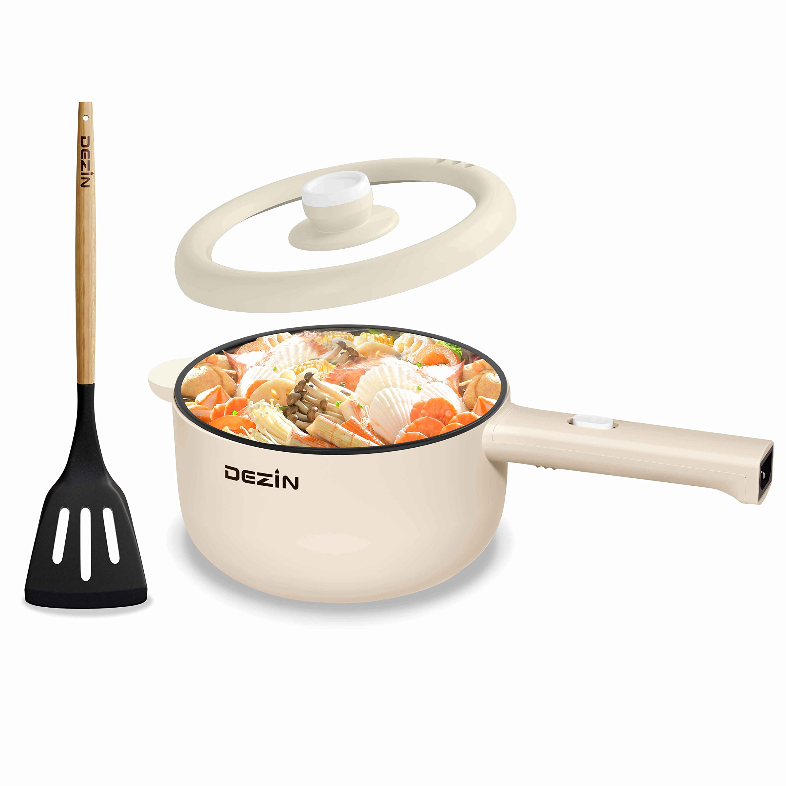 Dezin Electric Hot Pot, 1.8L Non-Stick Sauté Pan, Rapid Noodles Cooker, Mini Pot for Steak, Egg, Fried Rice, Ramen, Oatmeal, Soup with Power Adjustment, College Dorm Room Essential(Egg Rack Included)