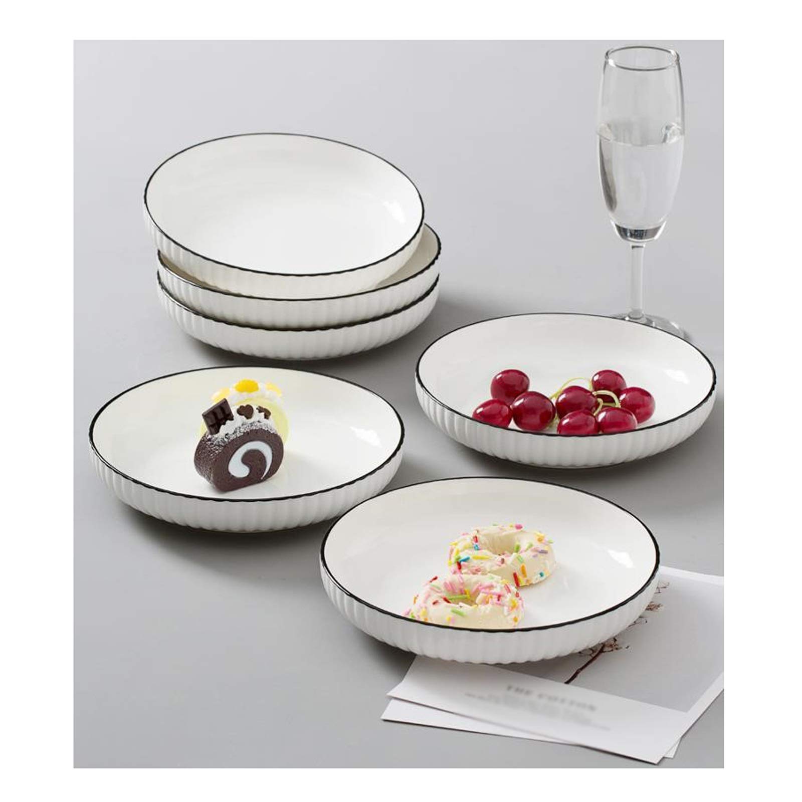 GRFIT Dishes Plates White Dinner Plate Rimmed with Black Line, 7 Inch Round Plate Set, Porcelain Plate Suitable for Pasta, Dessert, Salad Home dining plate