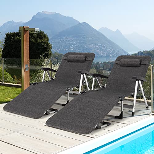 Goplus Chaise Lounge Chair, Folding Outdoor Patio Lounger with Cup Holder & Detachable Headrest, Comfortable for Garden Beach Pool Sunbathing, 7-Position Adjustable (1, Grey)