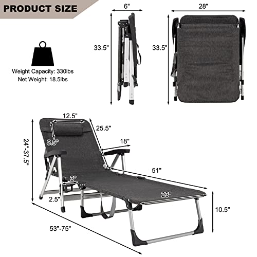 Goplus Chaise Lounge Chair, Folding Outdoor Patio Lounger with Cup Holder & Detachable Headrest, Comfortable for Garden Beach Pool Sunbathing, 7-Position Adjustable (1, Grey)