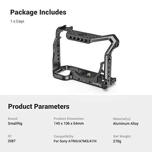 SmallRig A7RIII / A7III / A7M3 Camera Cage for Sony A7RIII / A7III / A7M3 Camera (ILCE-7RM3 / A7R Mark III), w/ Shoe Mount, Built-in NATO Rail, Accessible for Sony XLR-K2M/K1M, Black β 2087