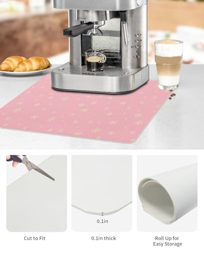 Coffee Mat for Counter, Christmas Gold Snowflake Pink Absorbent Hide Stain Coffee Bar Mat, Non-slip Coffee Bar Accessories Kitchen Drying Mat Fit Under Coffee Maker Espresso Machine
